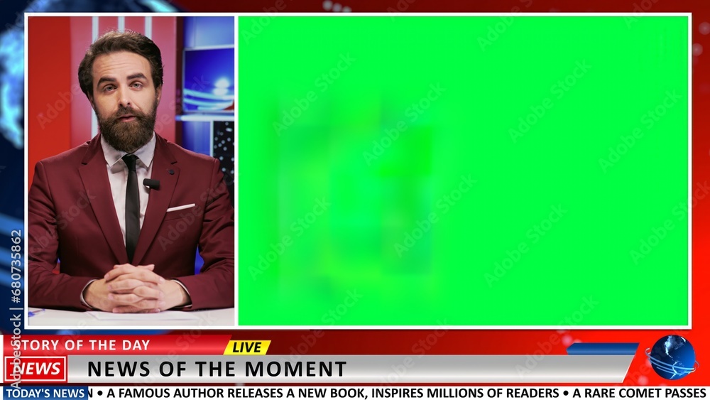 Journalist gives news with greenscreen on live television program ...