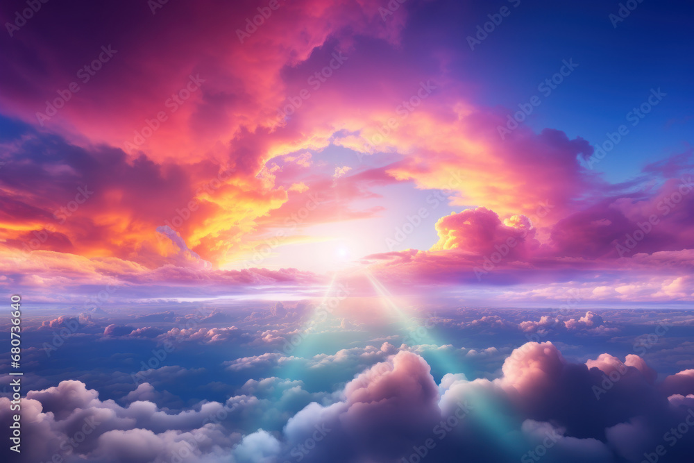 Poster A rainbow stretching across the sky after a storm, radiating a ...