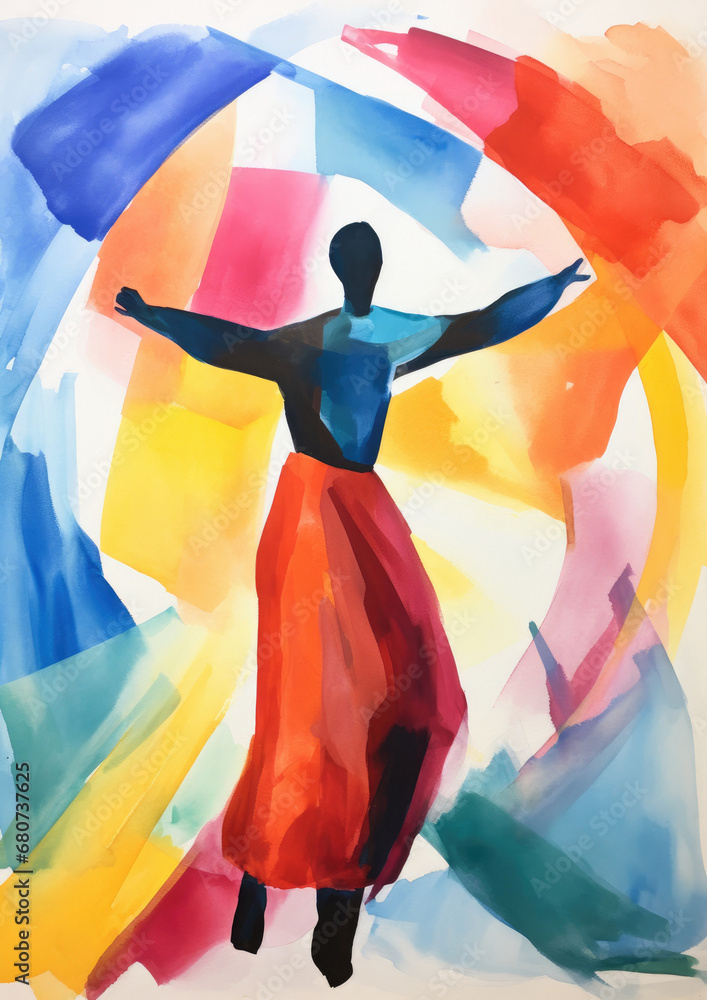 Beautiful female figure dancing in colourful background, painted in ...