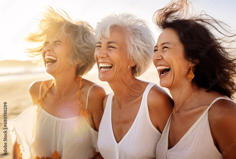 three older women laughing on the beach mixing masculine and feminine ...