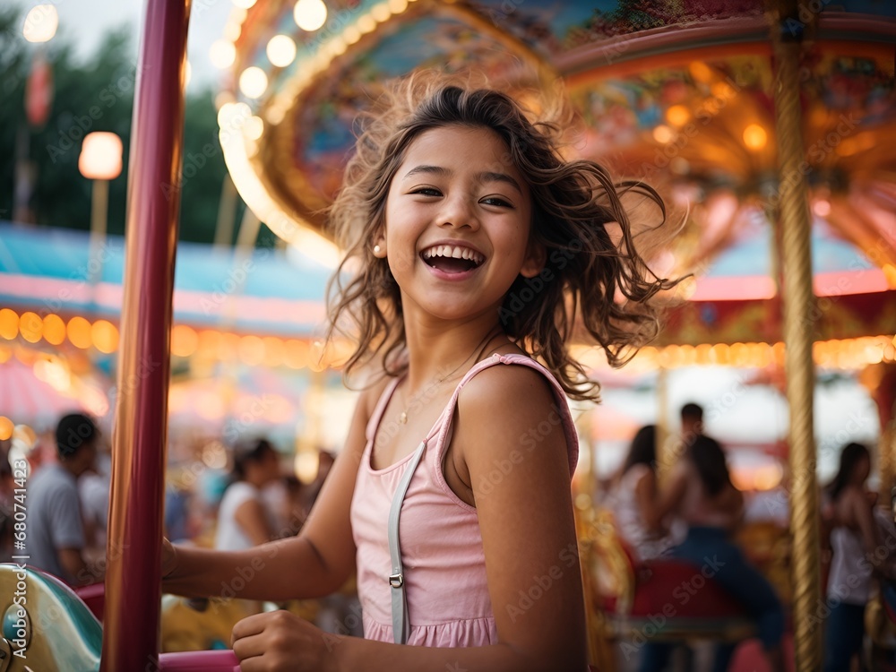 Joyful young girl expressing excitement while on a colorful carousel ...