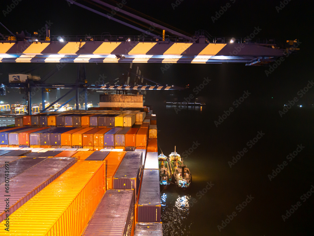 Busan, South Korea - 09.15.2023 Container ship has loading operations ...