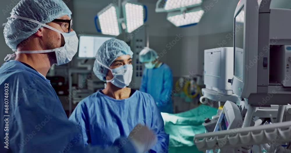 Hospital, doctor and patient monitor for surgery, operating room and ...