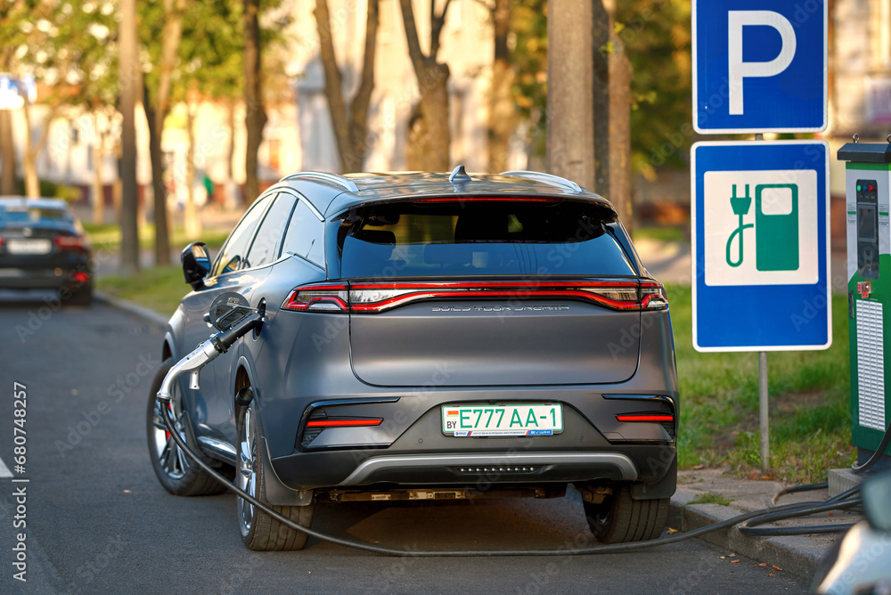 Minsk, Belarus. Sep 4, 2023. BYD Tang, electric car from China charging ...