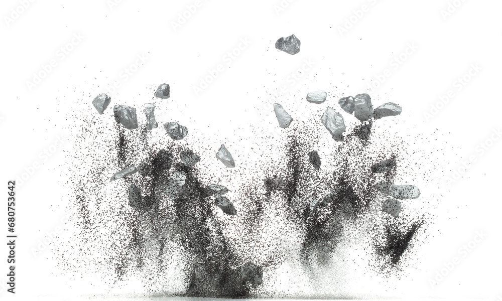 Silver ore nugget fly fall from Mining float in air. Many pieces silver ...