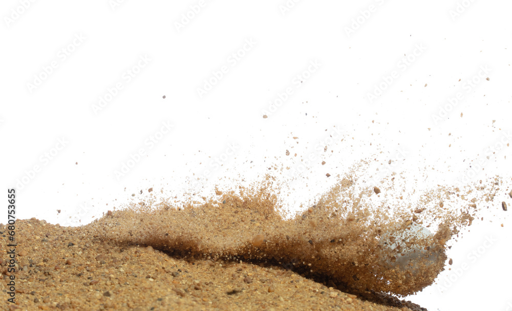 Golf ball explode from sand bunker. Golfer hit ball with club to sand ...