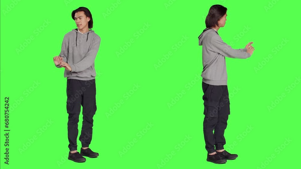 Person pretending to push thing aside, expressing rejection or denial ...