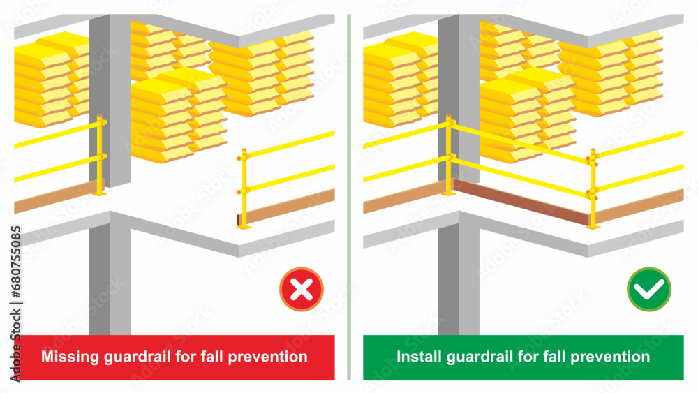 Workplace do and do not safety practice illustration. Missing handrail ...