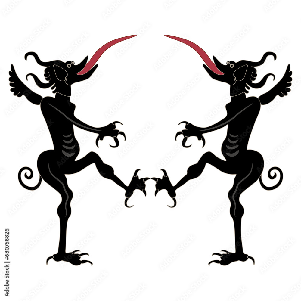 Symmetrical design with two medieval devils with their tongues sticking ...