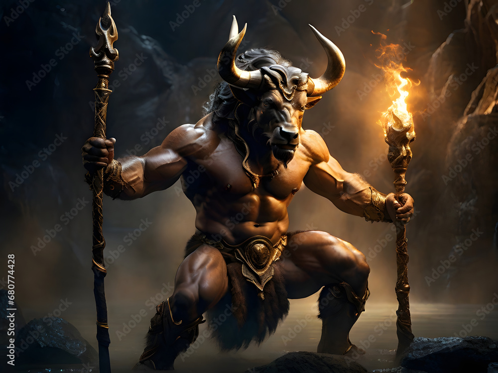 In an enchanting scene, a fiercely passionate minotaur stands with zeal ...
