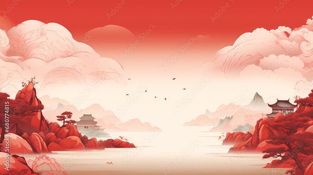 Ancient Chinese theme, red background, ancient buildings, festival ...