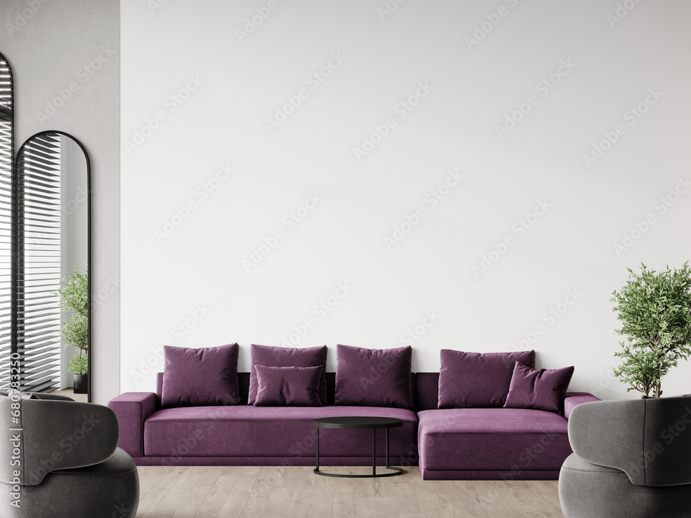 Light modern room with accents. Violet purple large sofa and gray ...