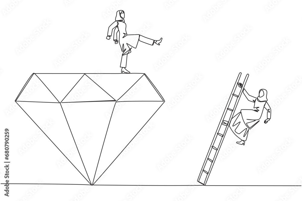 Single continuous line drawing Arab businesswoman kicks rival who ...