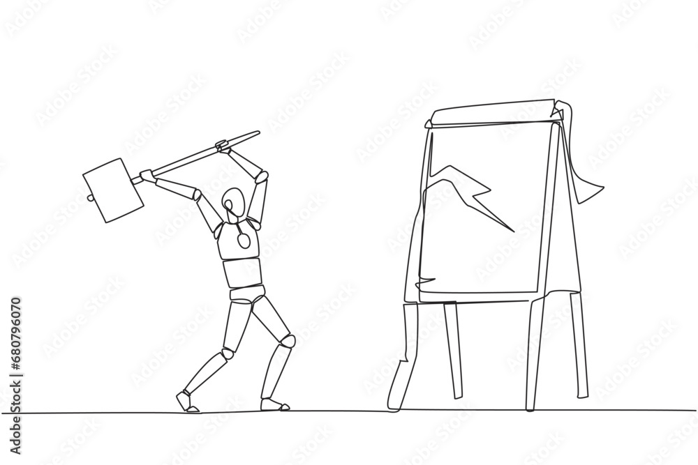 Single one line drawing smart robot preparing to hit big flip chart ...