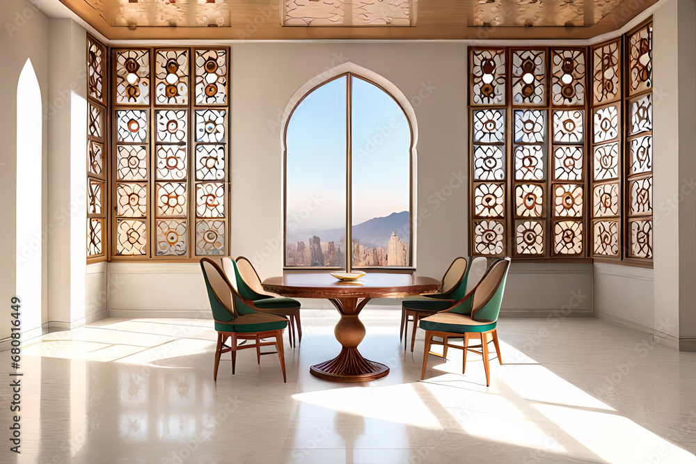 Arabic, Islamic style interior. Rattan chair, table and arabic pattern ...