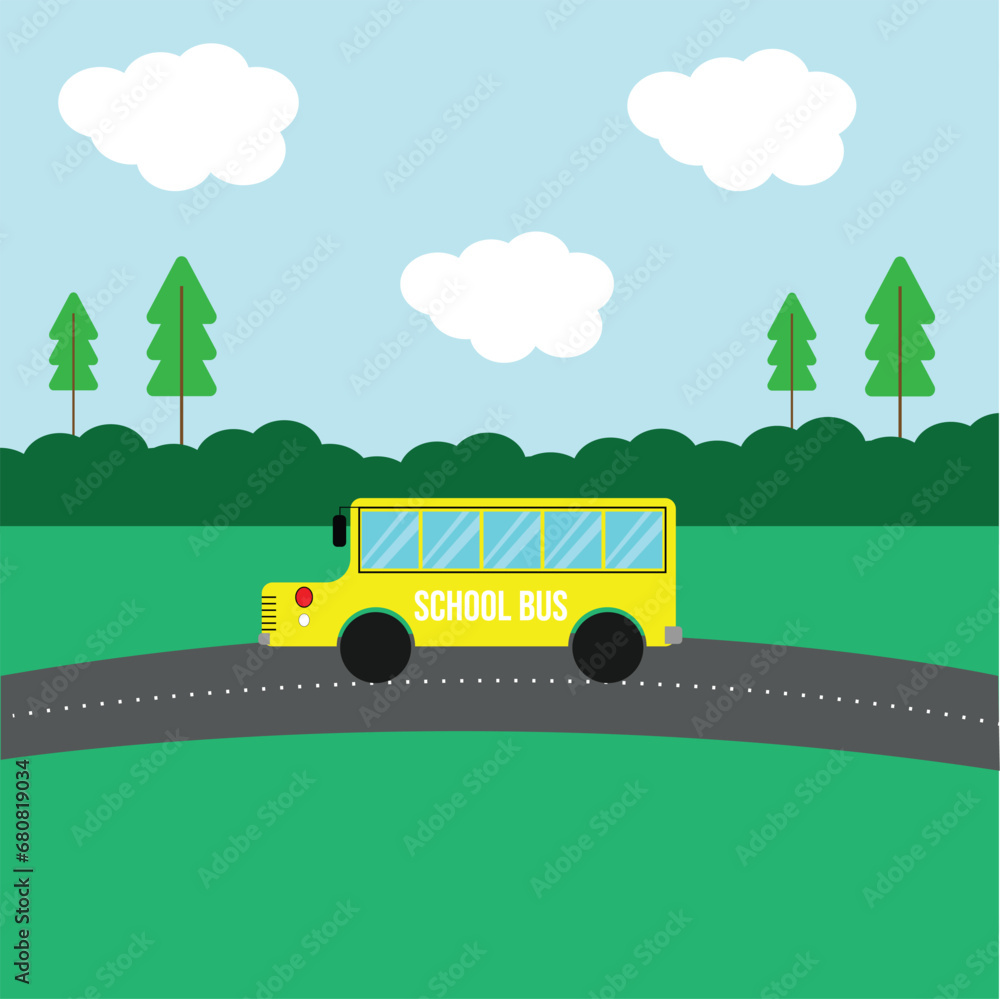 vector school bus on the road with sky and ground background. Stock ...