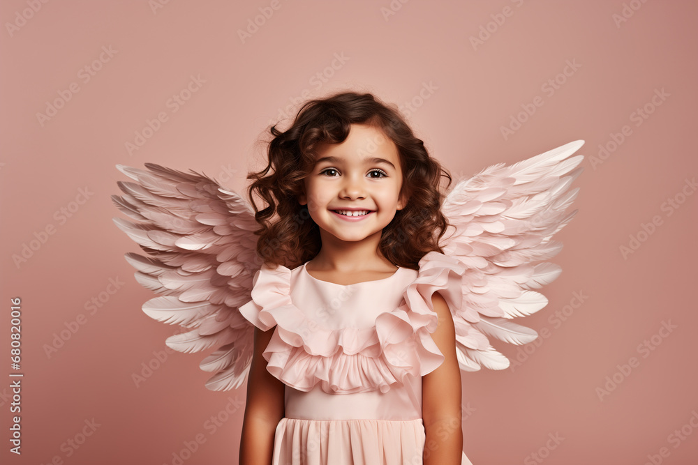 innocent little girl wearing angel costume with wings on pastel pink ...