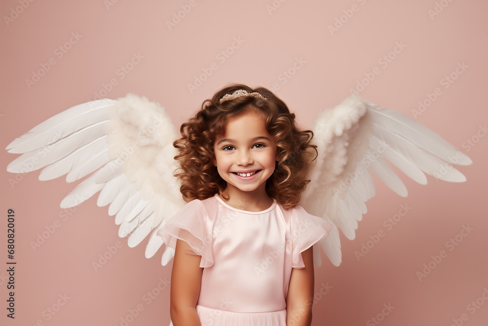 innocent little girl wearing angel costume with wings on pastel pink ...