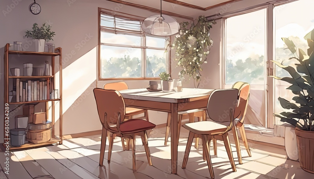 Vintage Lofi Anime Dining Room with Beautiful Scenic View Stock ...