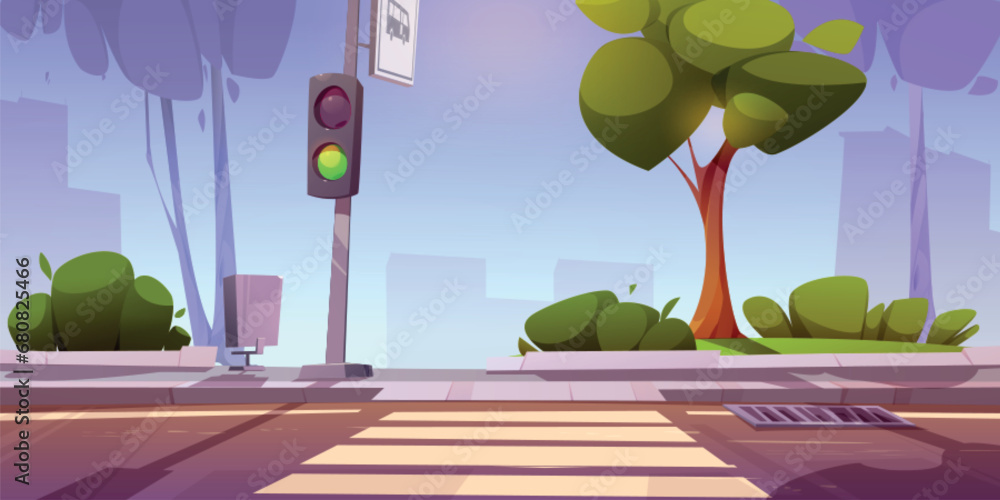City street with road crossing and green traffic light. Vector cartoon ...