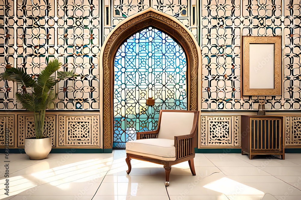 Arabic, Islamic style interior. Rattan chair, table and arabic pattern ...