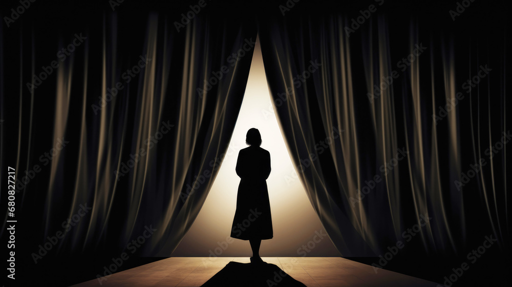 Silhouette from behind of a woman on stage looking out between parted ...