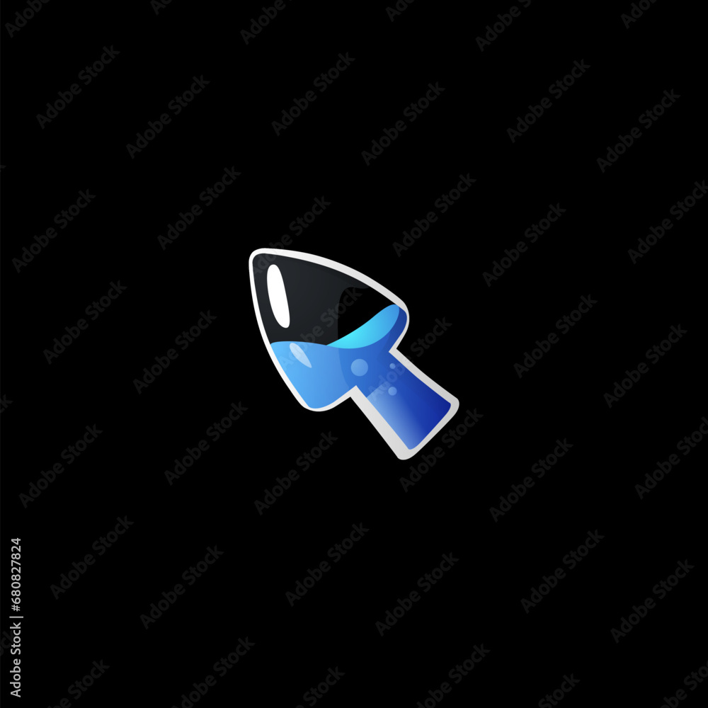 Arrow button in the form of glass flask half filled with blue liquid ...