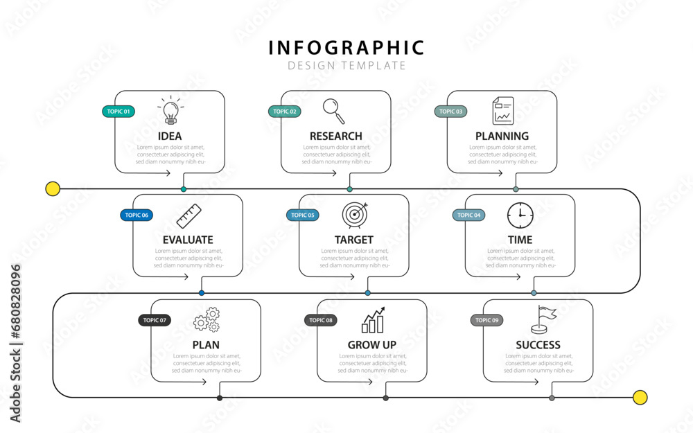 Infographic design template. Timeline concept with 9 options or steps ...