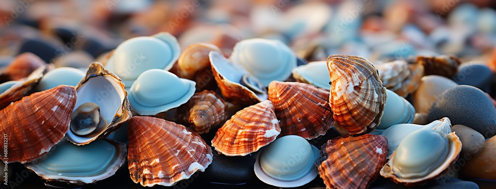 Wide photo of beautiful white and brown color sea shells and pebbles on ...