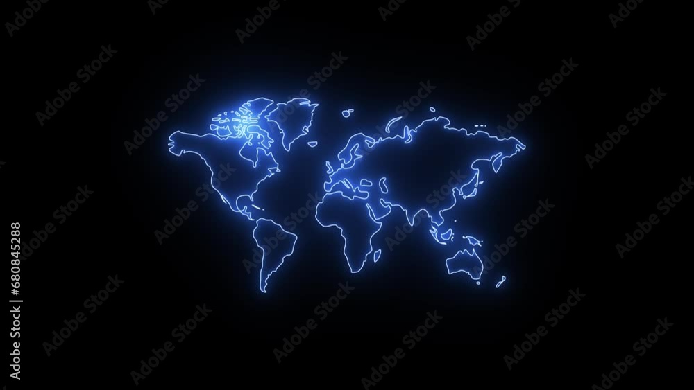Animated World map neon glow blinking for background of technology or ...