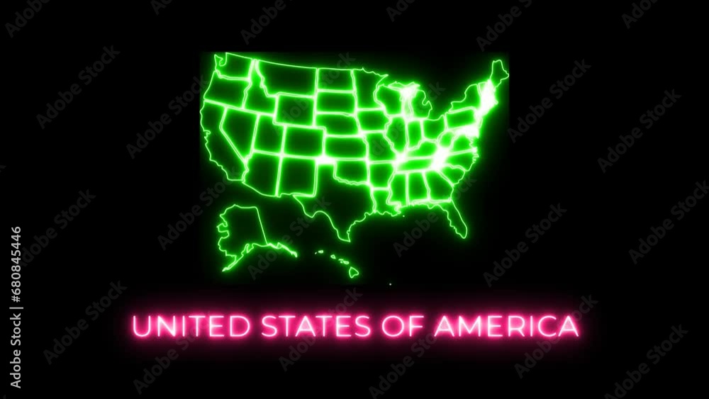 Animated USA map neon glow blinking for background of technology or ...