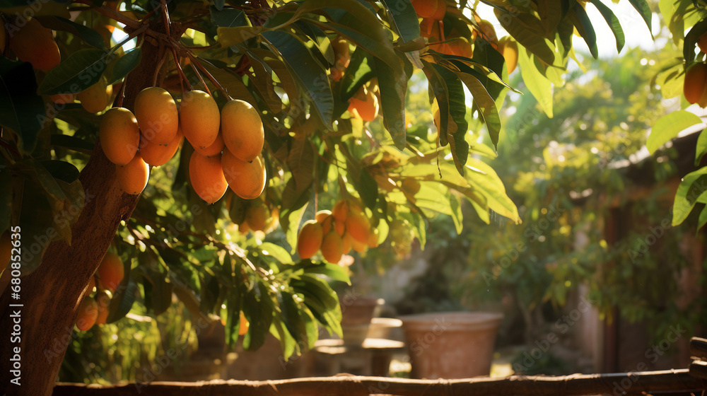 A mango tree in the backyard, with fresh ripe mangoes hanging from its ...