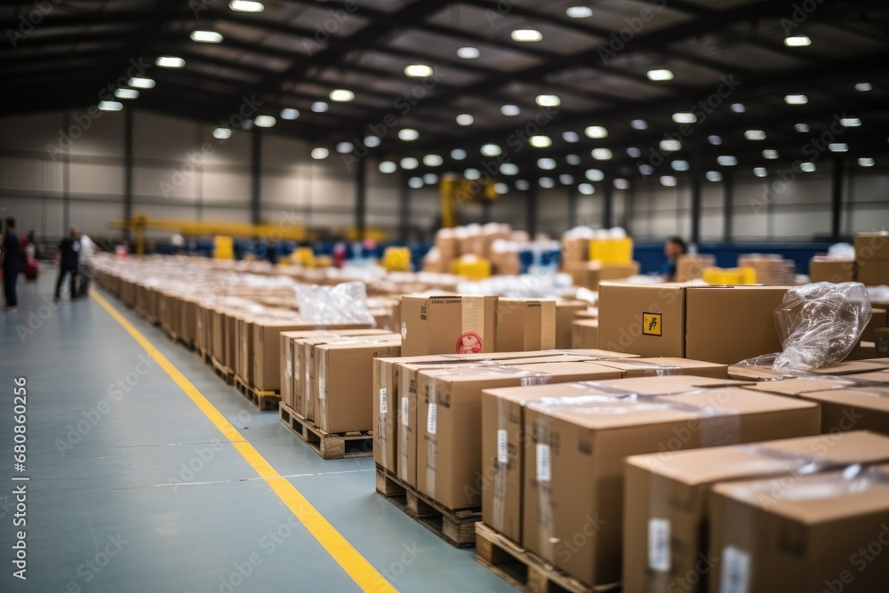 Workers working at post delivery service warehouse with cardboard boxes ...