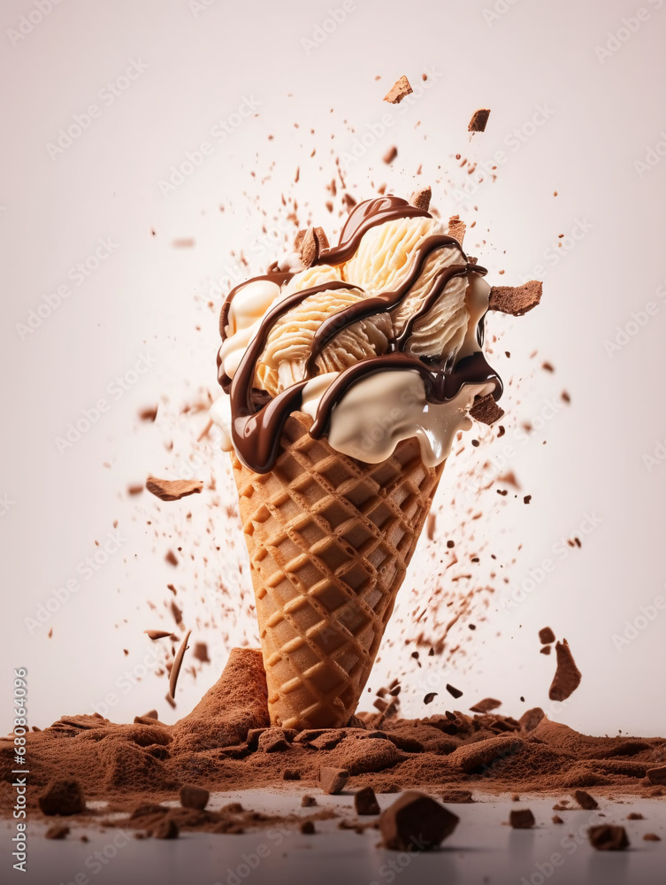 Vanilla ice cream cone with chocolate drizzle and exploding powder ...