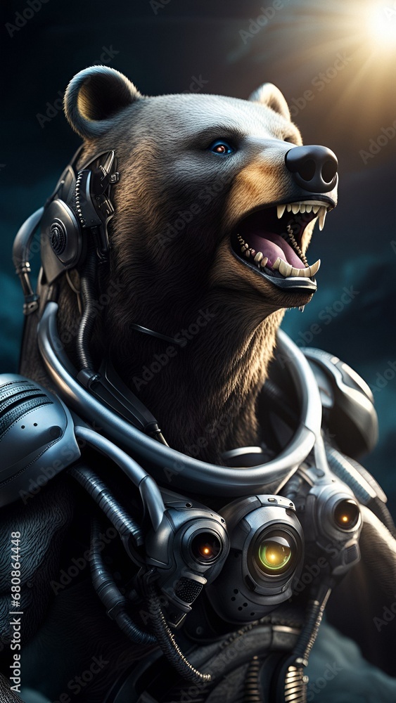anthropomorphic bear cyborg, alien monster, sci-fi scenery, generative ...