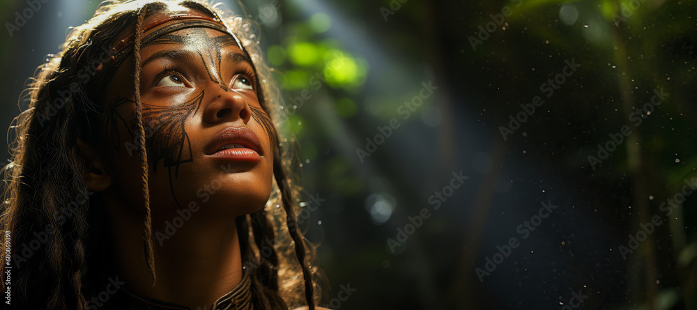 Indigenous Amazonian woman gazing at virgin forest canopy in sunlight ...