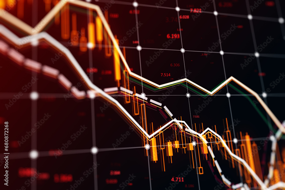 Illuminated stock market graphics on dark background indicating ...