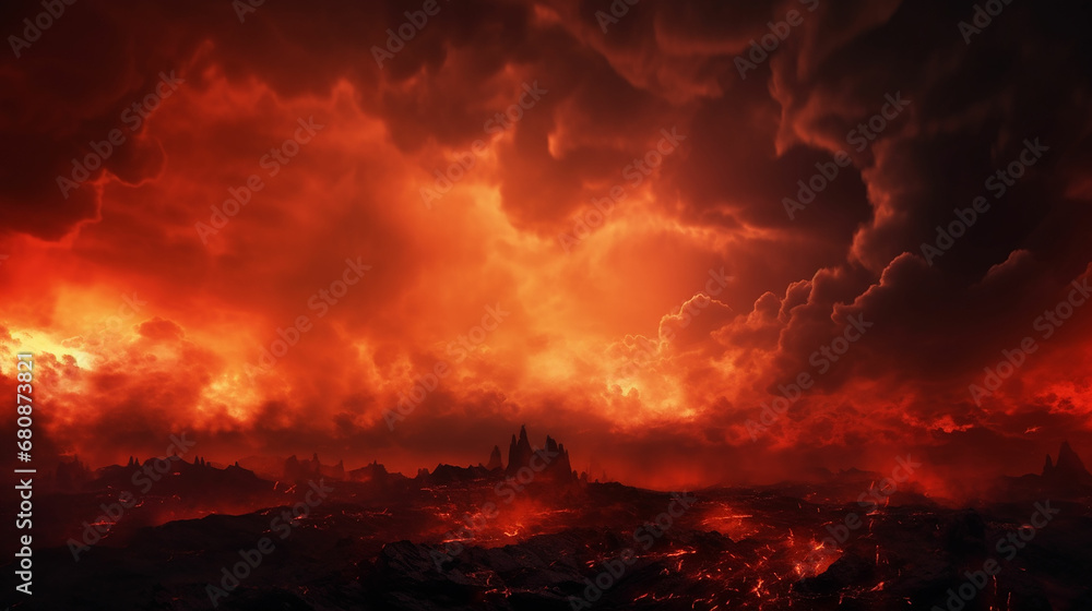 Black fiery red dramatic sky with clouds. Fire, war, explosion ...