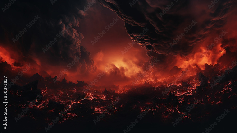 Black fiery red dramatic sky with clouds. Fire, war, explosion ...