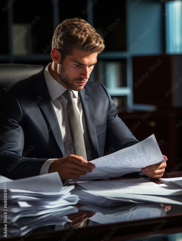 Man looking into files sitting in office chair - ai generative Stock ...