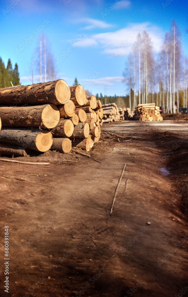 Stacks of cut timber on green forest background. Logging image ...