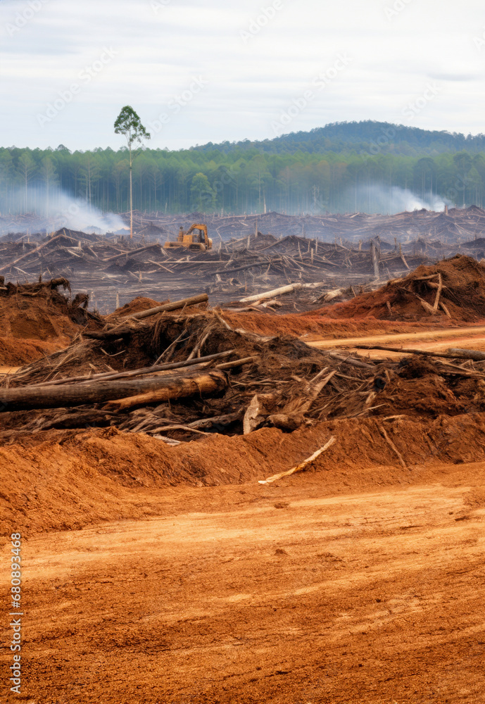 Cutting down and burnt rainforest. Felled and uprooted trees, fumes and ...
