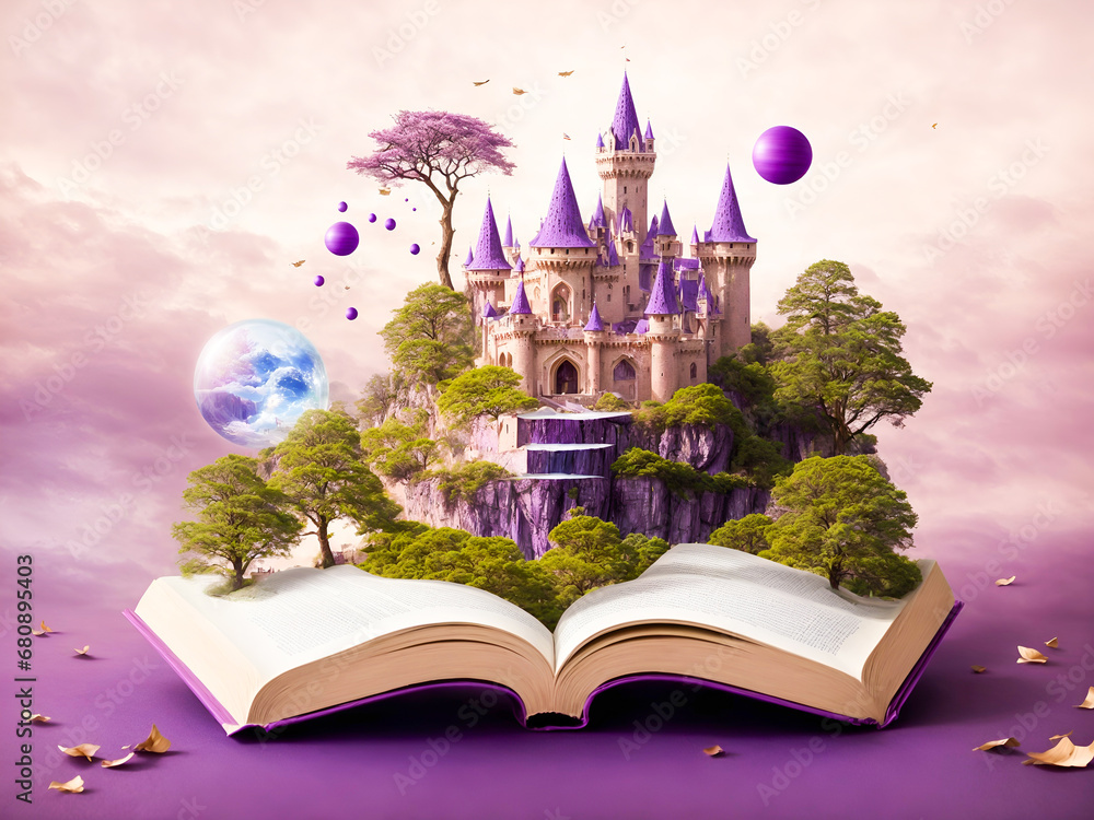 an open book with pages morphing into a magical castle surrounded by ...