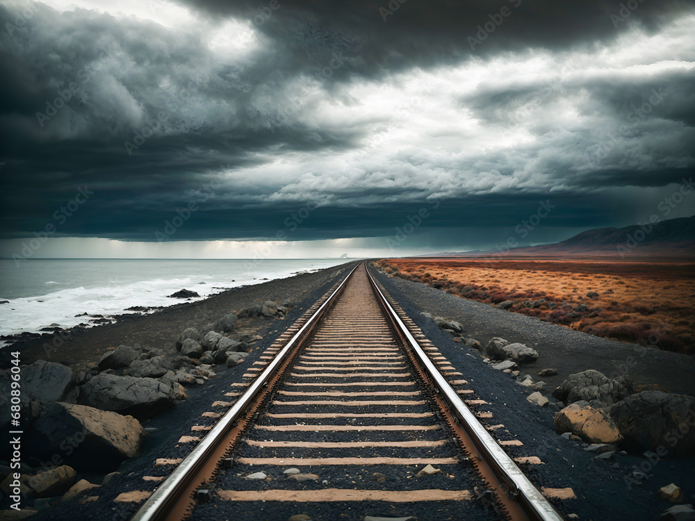 a single railway track extending straight into the horizon through a stark landscape of rocks ...