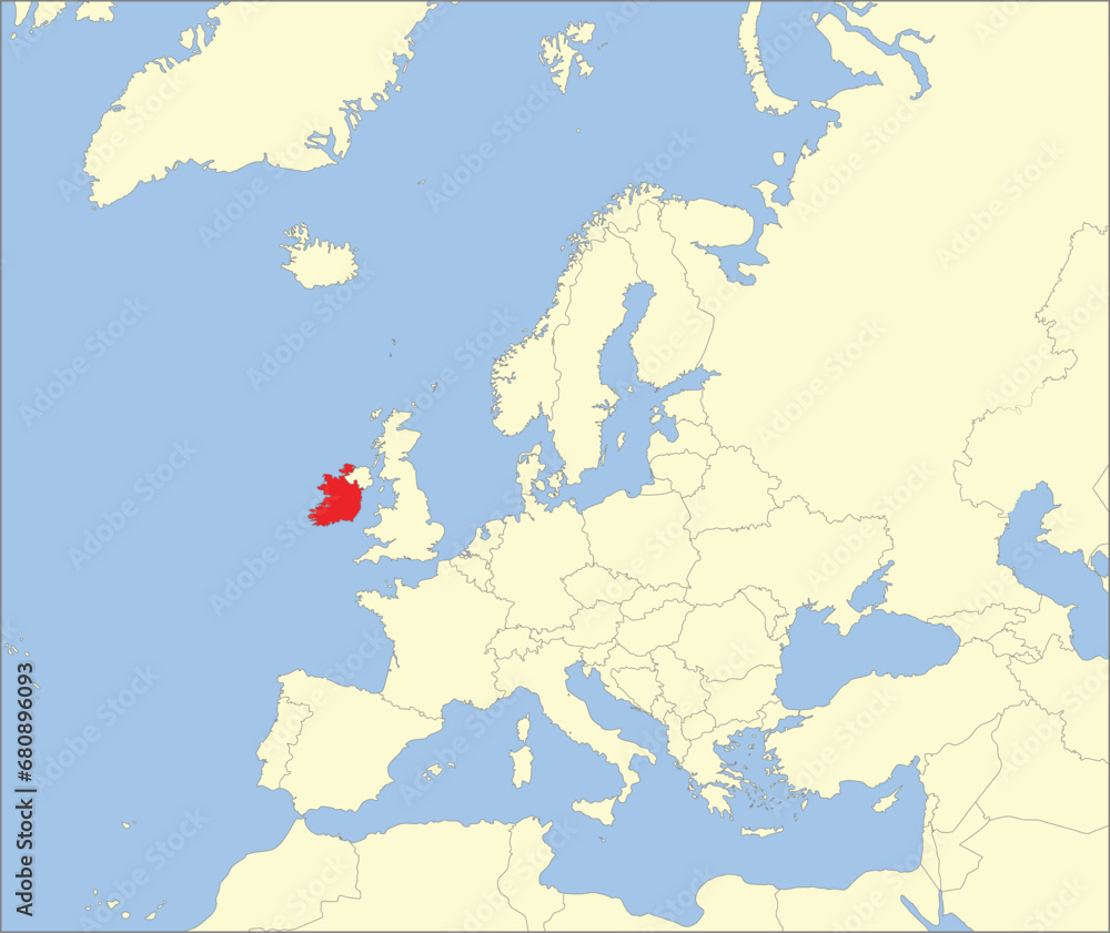 Red CMYK national map of IRELAND inside detailed beige blank political ...