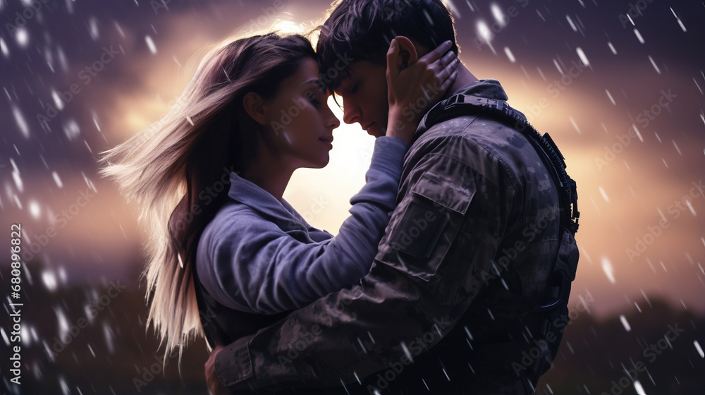 Soldier holds his beloved girl tightly, loving couple under blurry ...