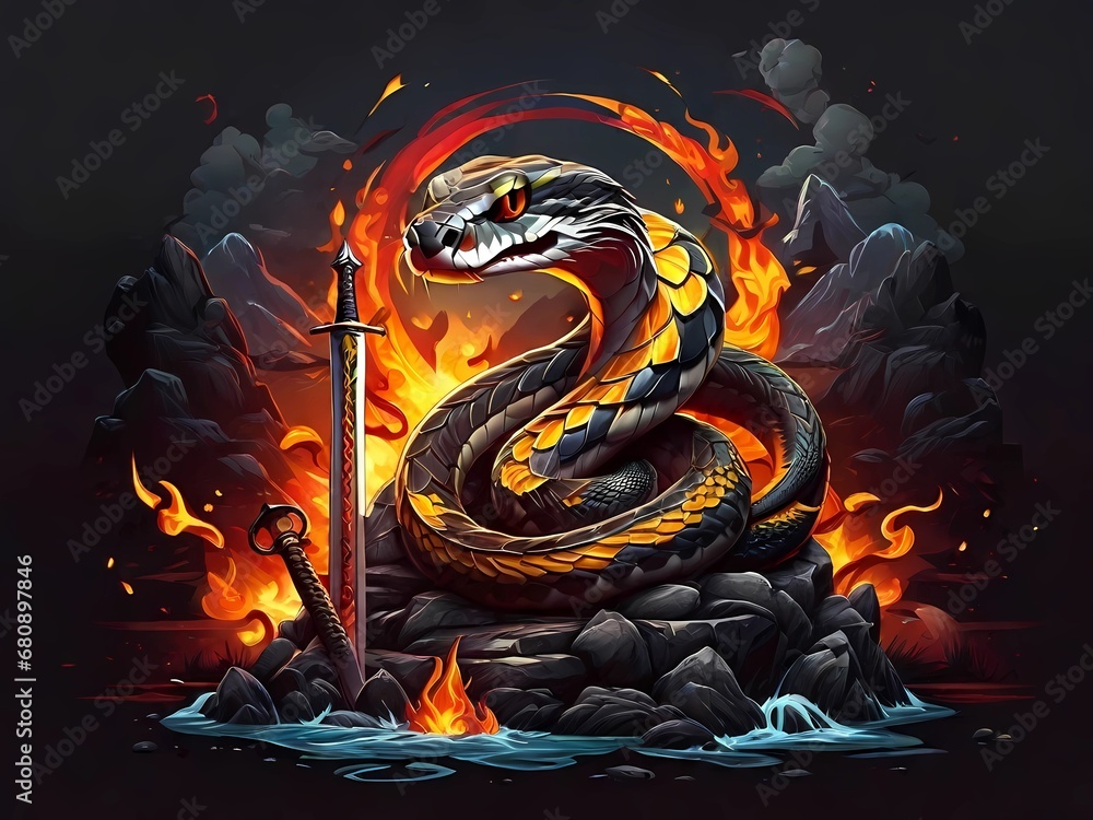 snake with fire effect, highly detailed, t-shirt design, detailed ...