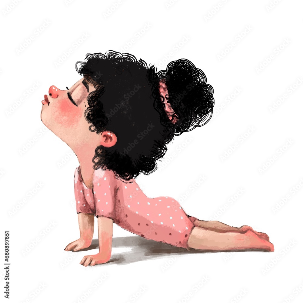 Zen girl yoga practice meditation asana pose hand drawn watercolor cute ...