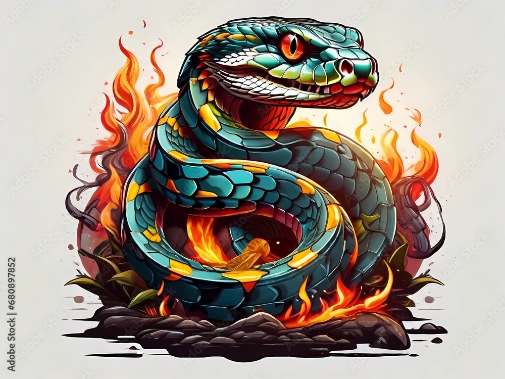snake with fire effect, highly detailed, t-shirt design, detailed ...