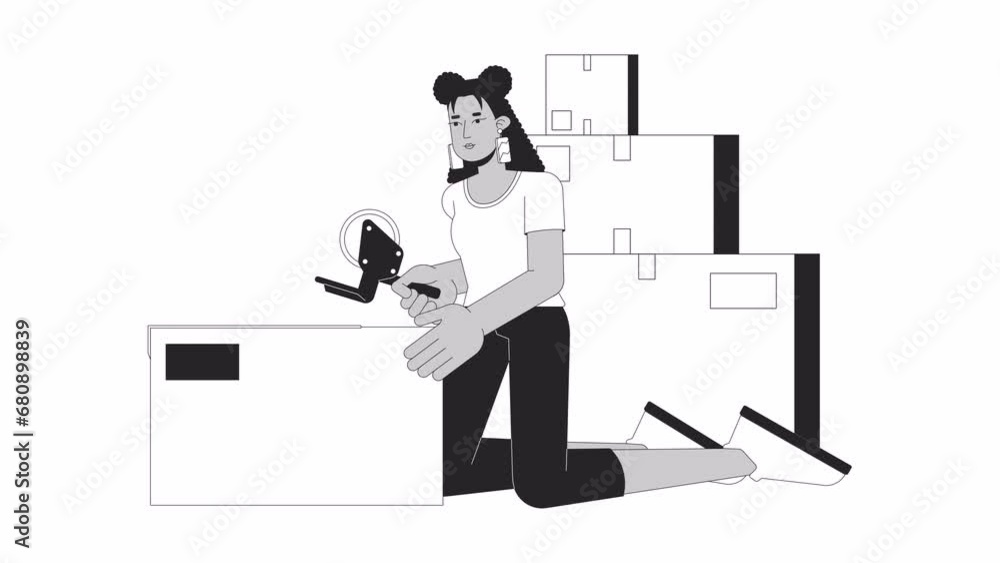 Hispanic girl packing moving boxes bw outline cartoon animation. Moving ...